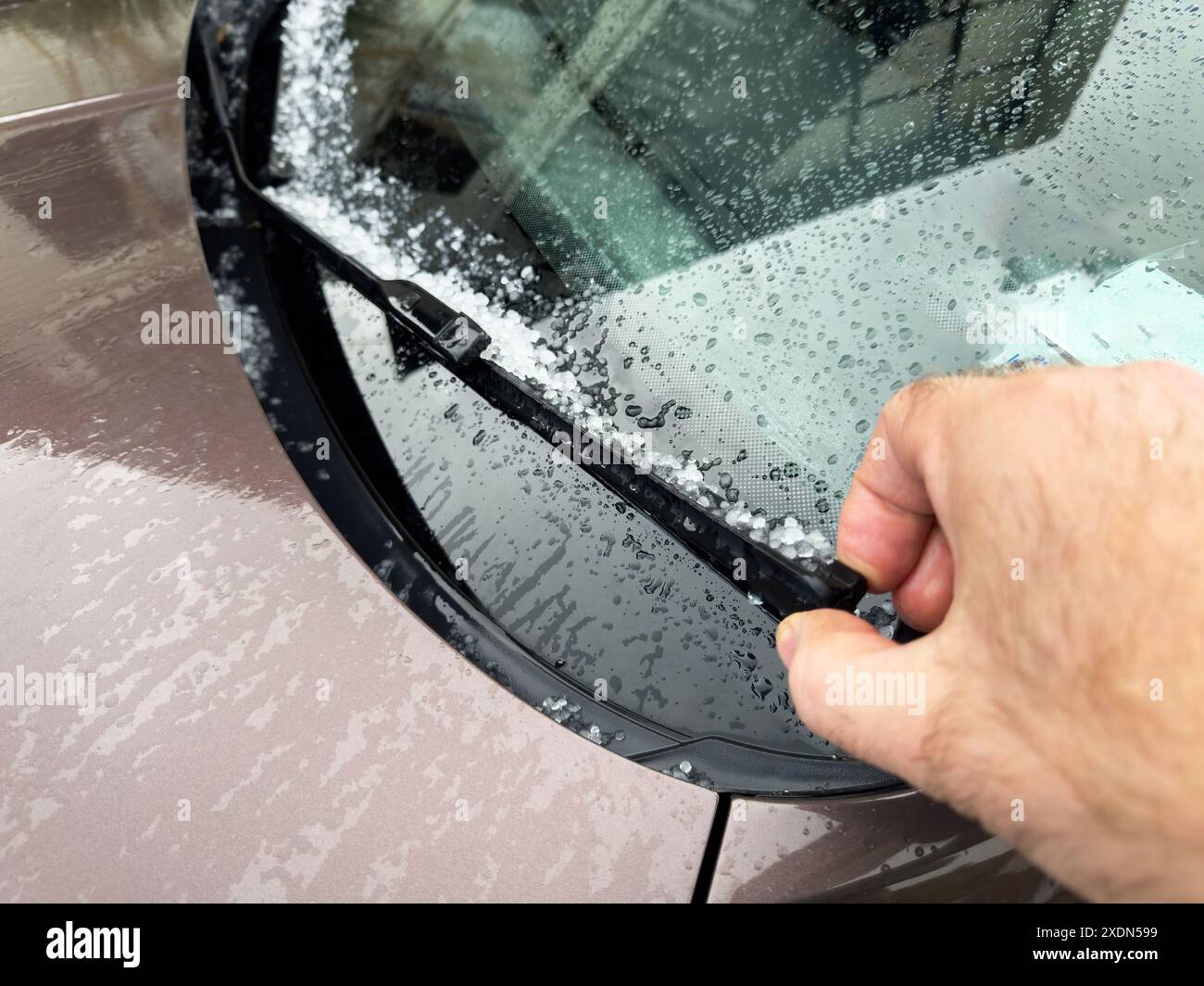 A hand lifting a windshield wiper on a car, revealing accumulated hail ...
