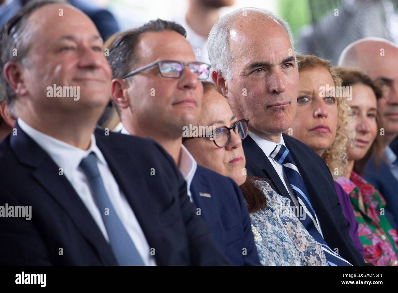From left, second gentleman Doug Emhoff with Pennsylvania Governor Josh ...