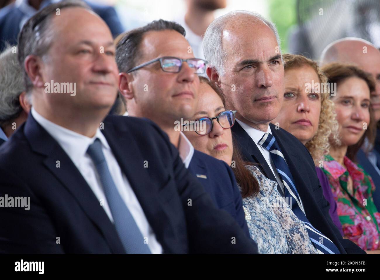 From left, second gentleman Doug Emhoff with Pennsylvania Governor Josh ...