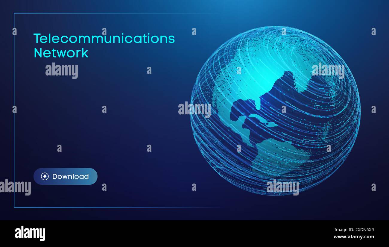 Digital telecommunications network with glowing connections Stock ...