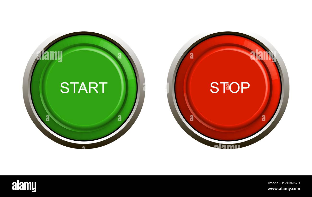 Start and stop buttons isolated on white background. Top view, vector ...