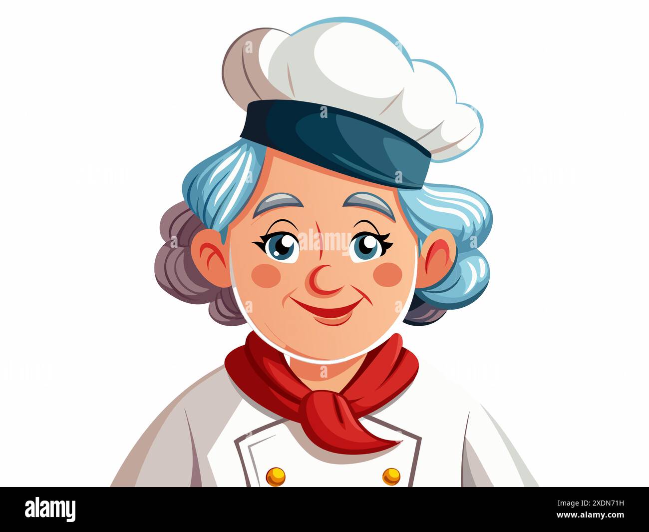 Elderly female chef wearing a white hat and chef uniform, isolated on ...