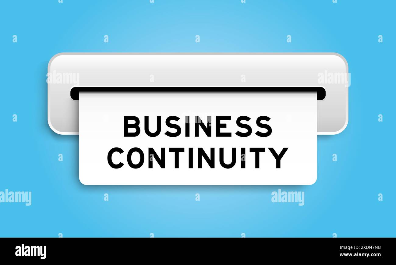 White coupon banner with word business continuity from machine on blue ...