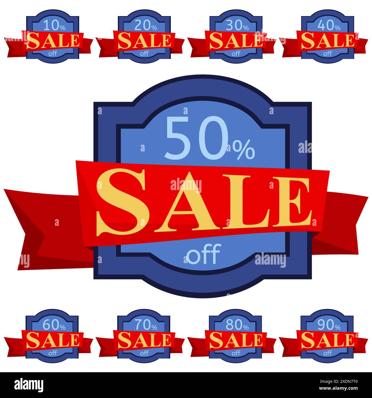 Set of discount stickers. Blue badges with red ribbon for sale 10 - 90 ...