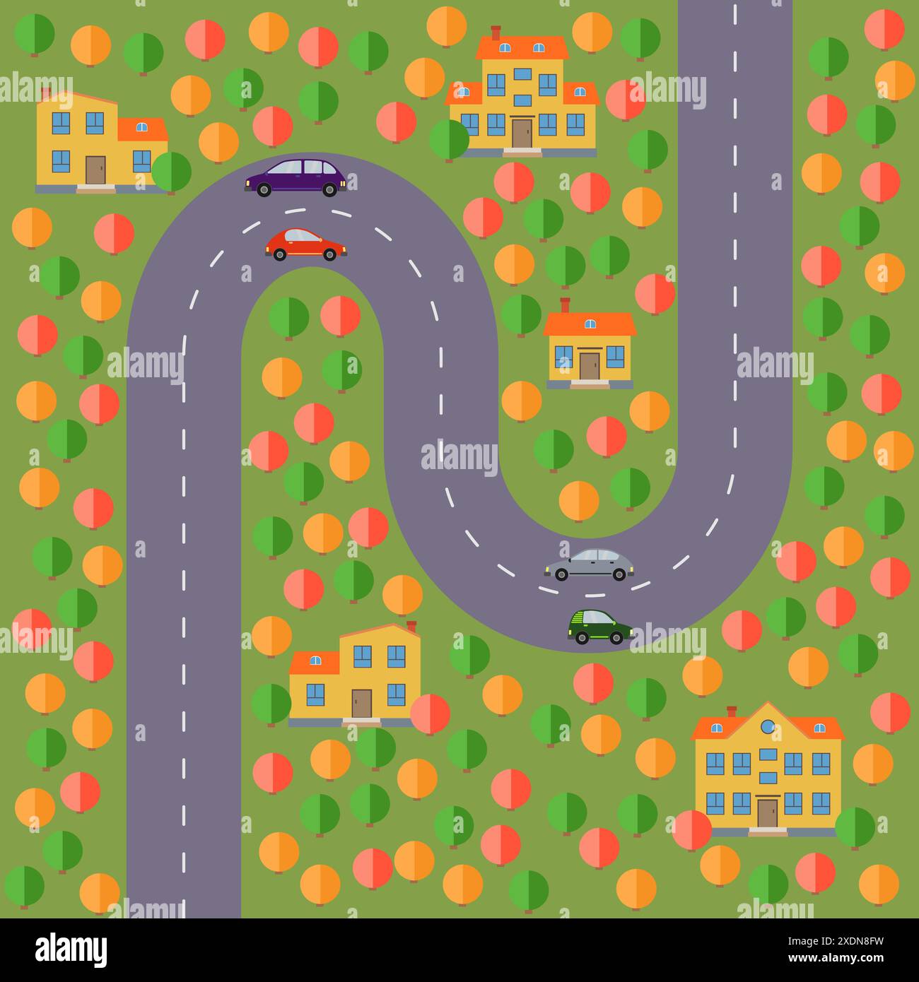 Plan of village. Landscape with the road, forest, lake, cars and five ...