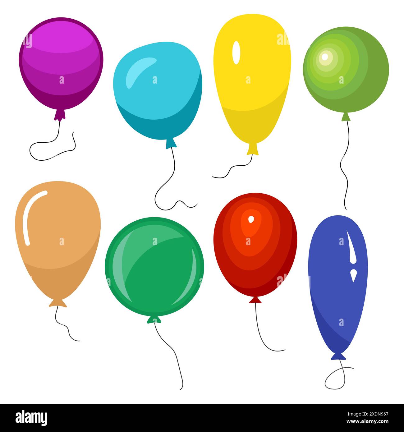 Set of eight colorful balloons with a string isolated on white ...