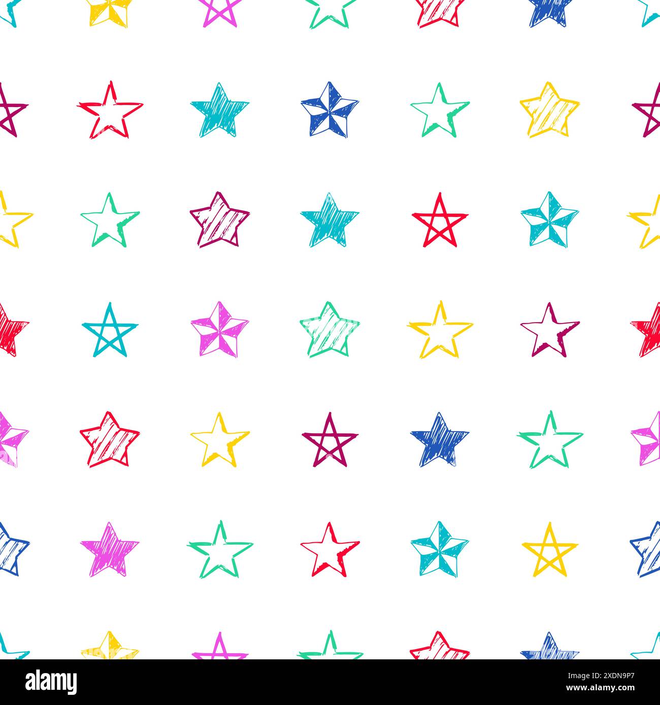 Seamless background of doodle stars. Multicolor hand drawn stars on white background. Vector ...