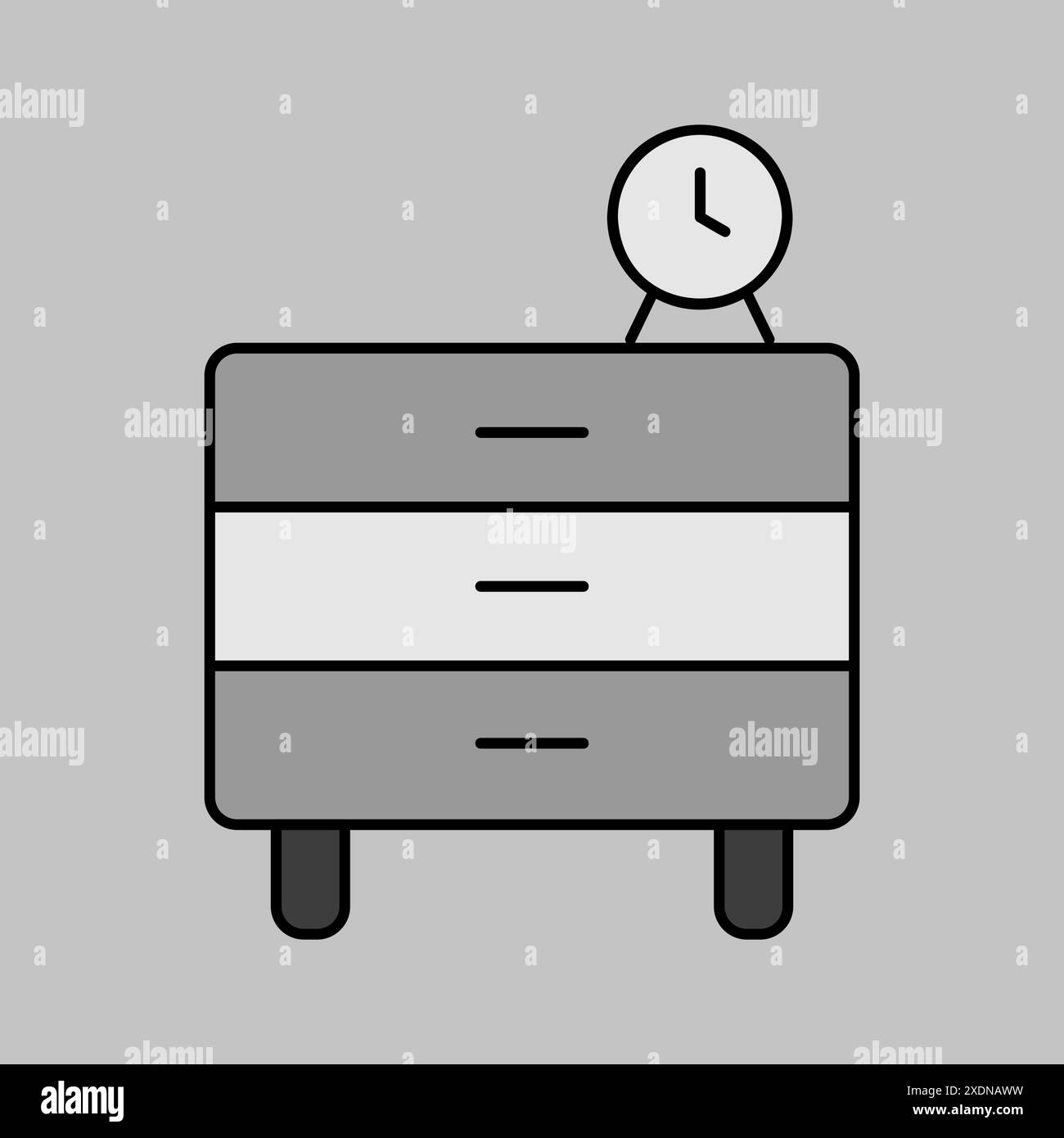 Bedside dresser and clock alarm vector grayscale icon. Chest of drawer ...