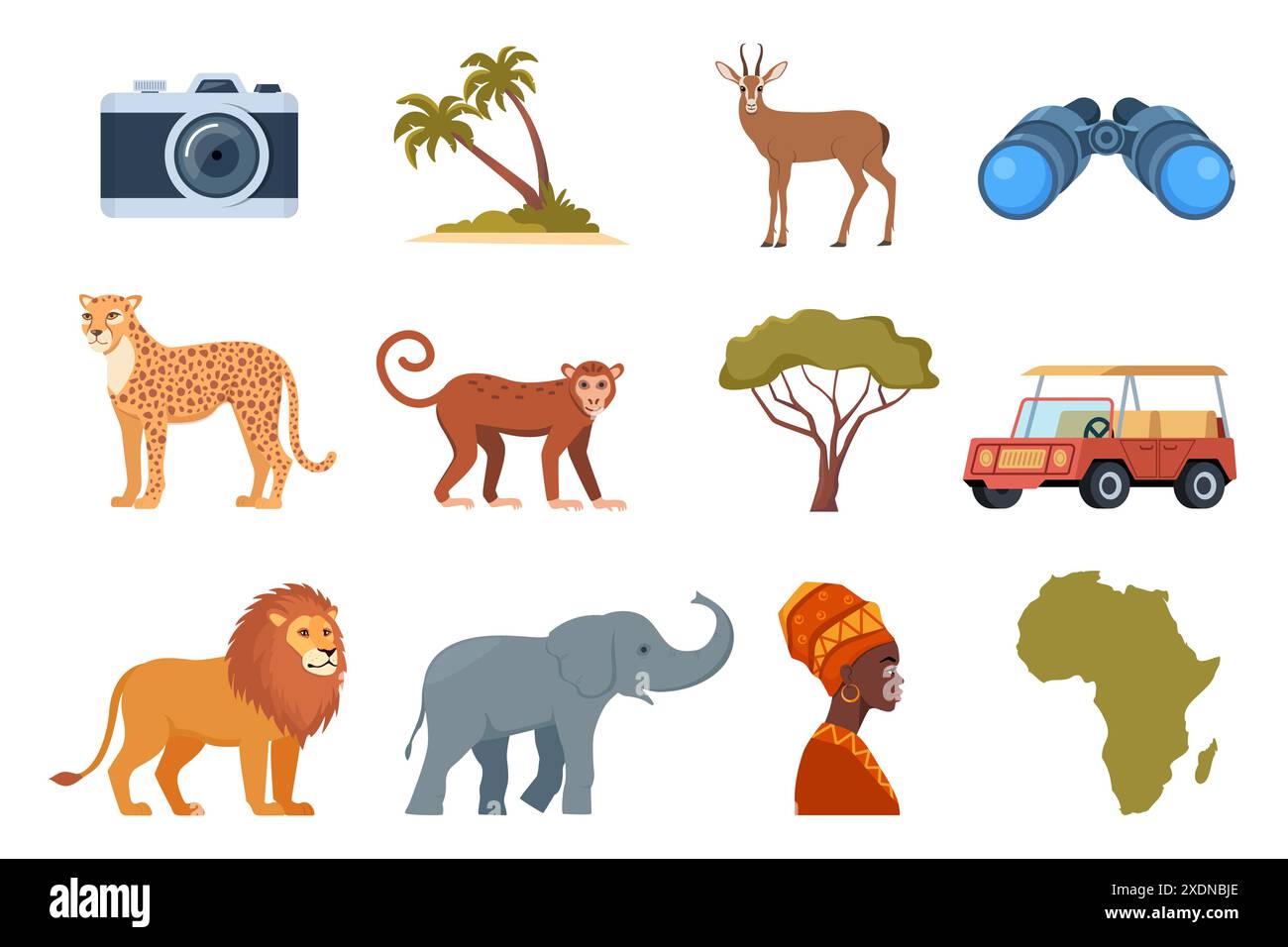 African ethnic style icons. African map, trees, people, animals birds ...