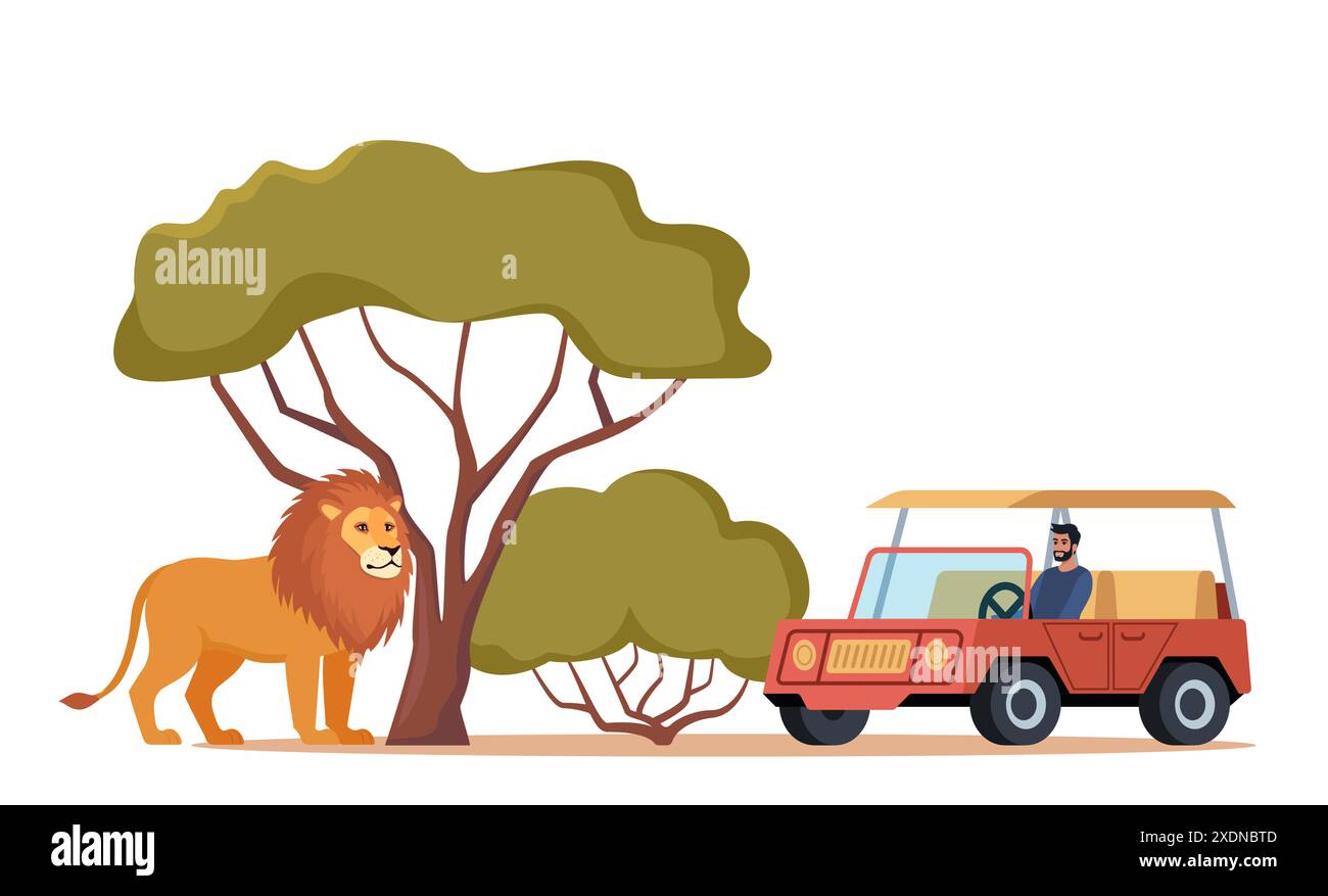 African safari. Man in jeep drive through African savannah and look at ...