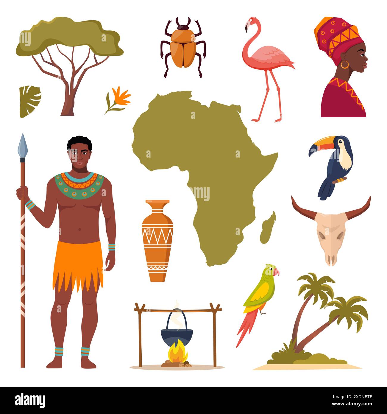 African ethnic style icons. African map, trees, people, animals birds ...