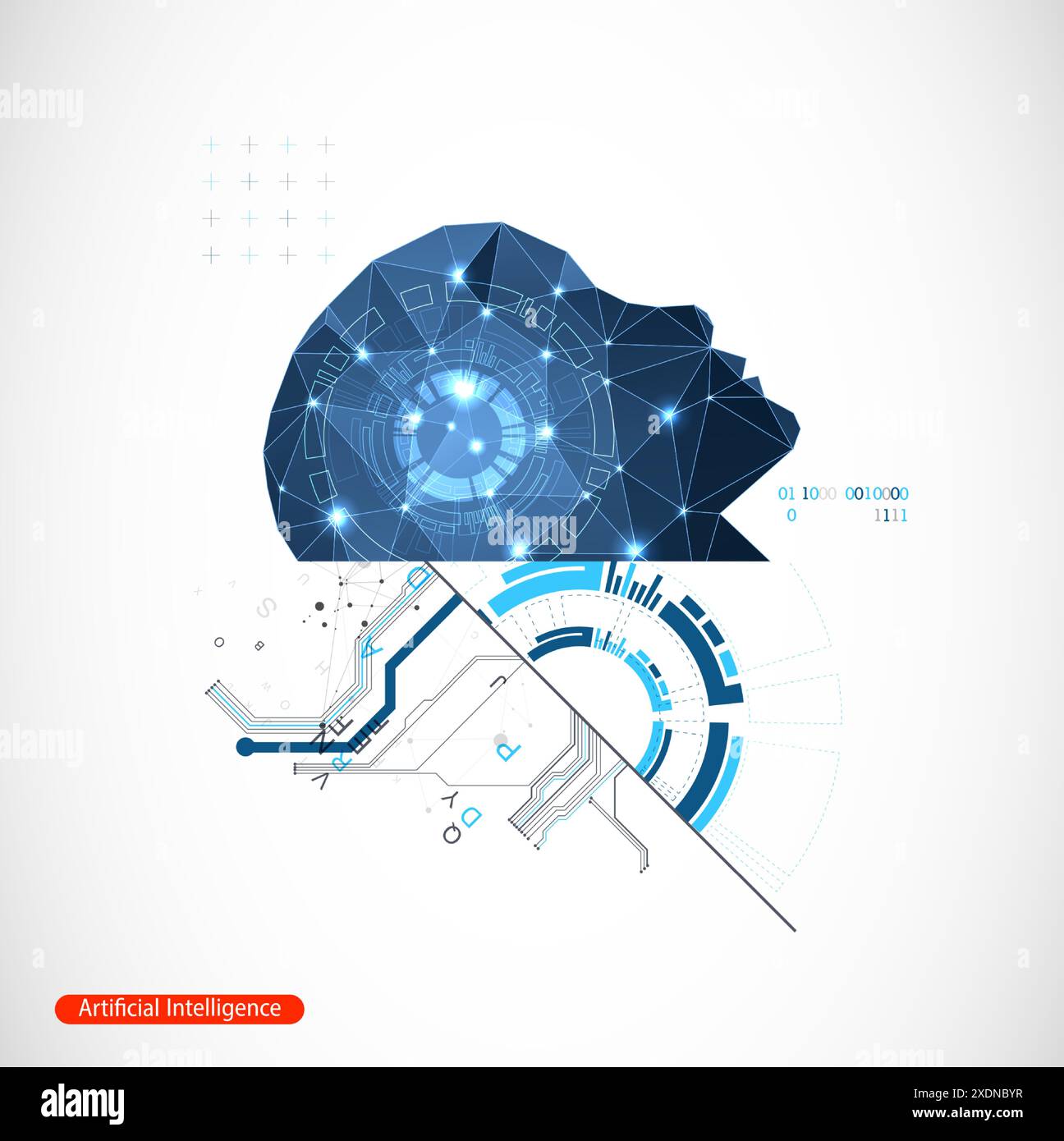 Artificial Intelligence. Technical background with a silhouette of a man. Big data concept ...