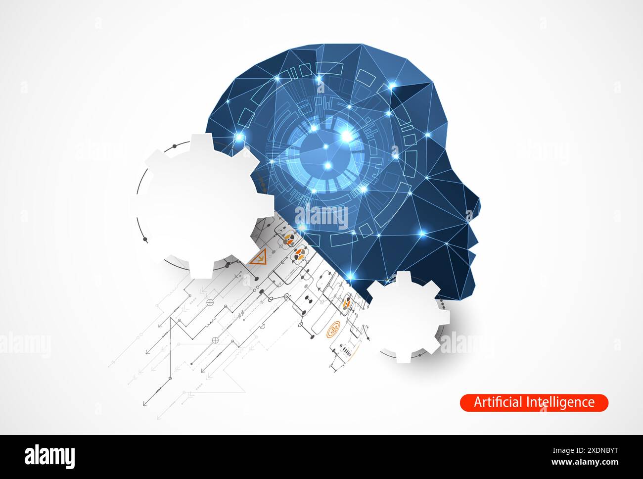 Artificial Intelligence. Technical background with a silhouette of a man. Big data concept ...