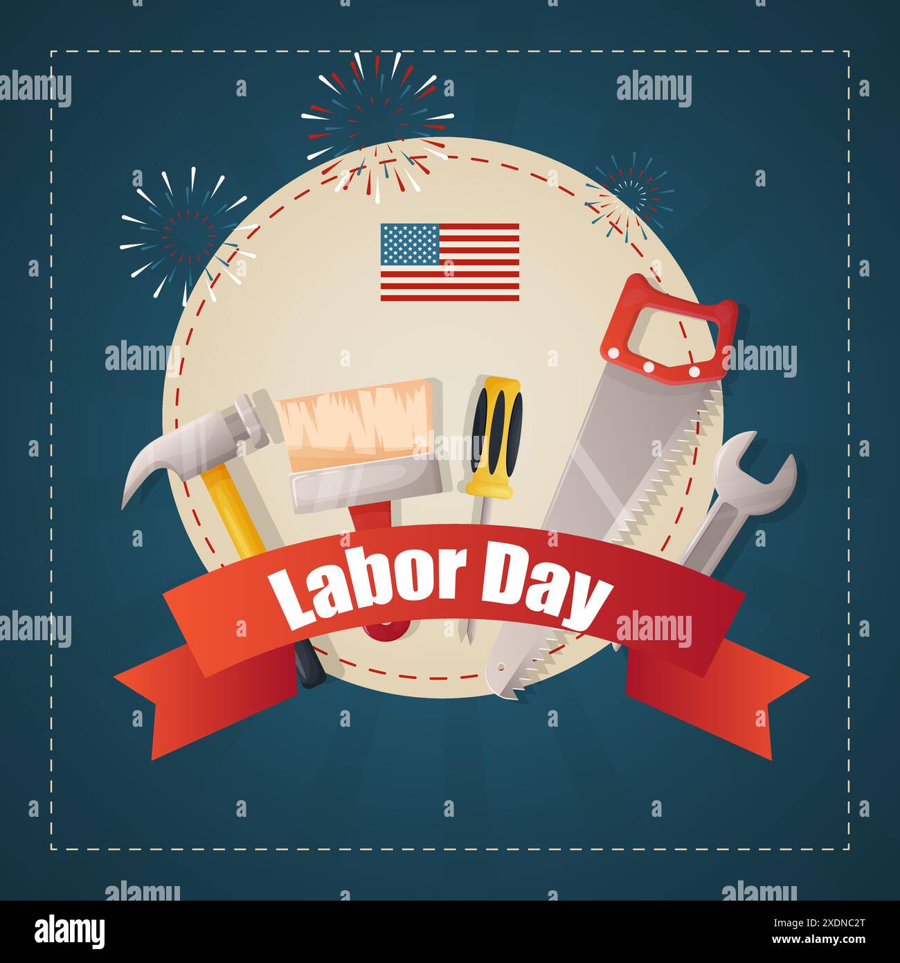 Happy labor day, blue background, american fireworks and construction ...