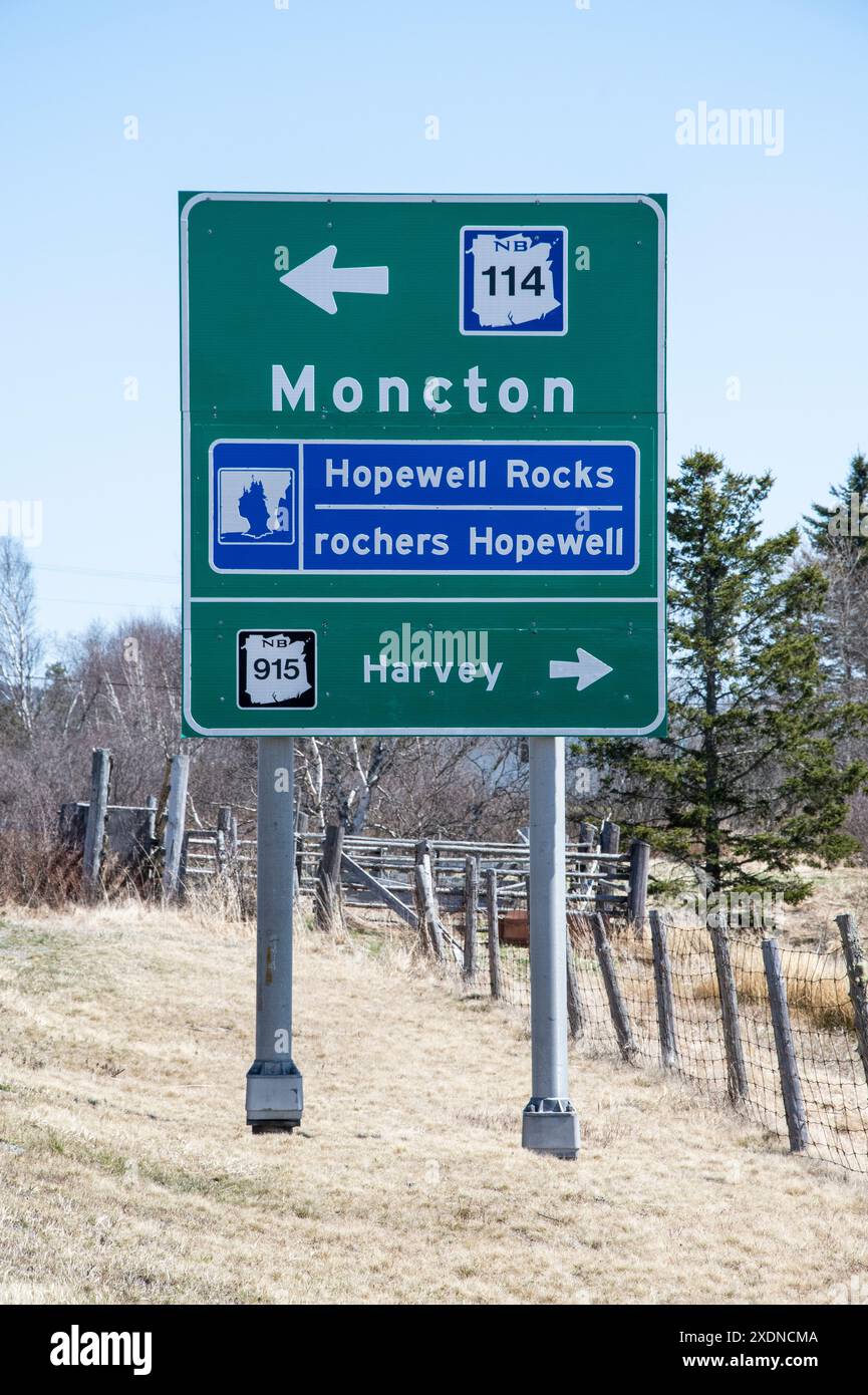 Highway sign on Main Street in Riverside-Albert, New Brunswick, Canada ...