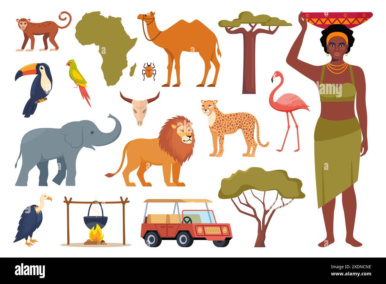 African ethnic style icons. African map, trees, people, animals birds ...
