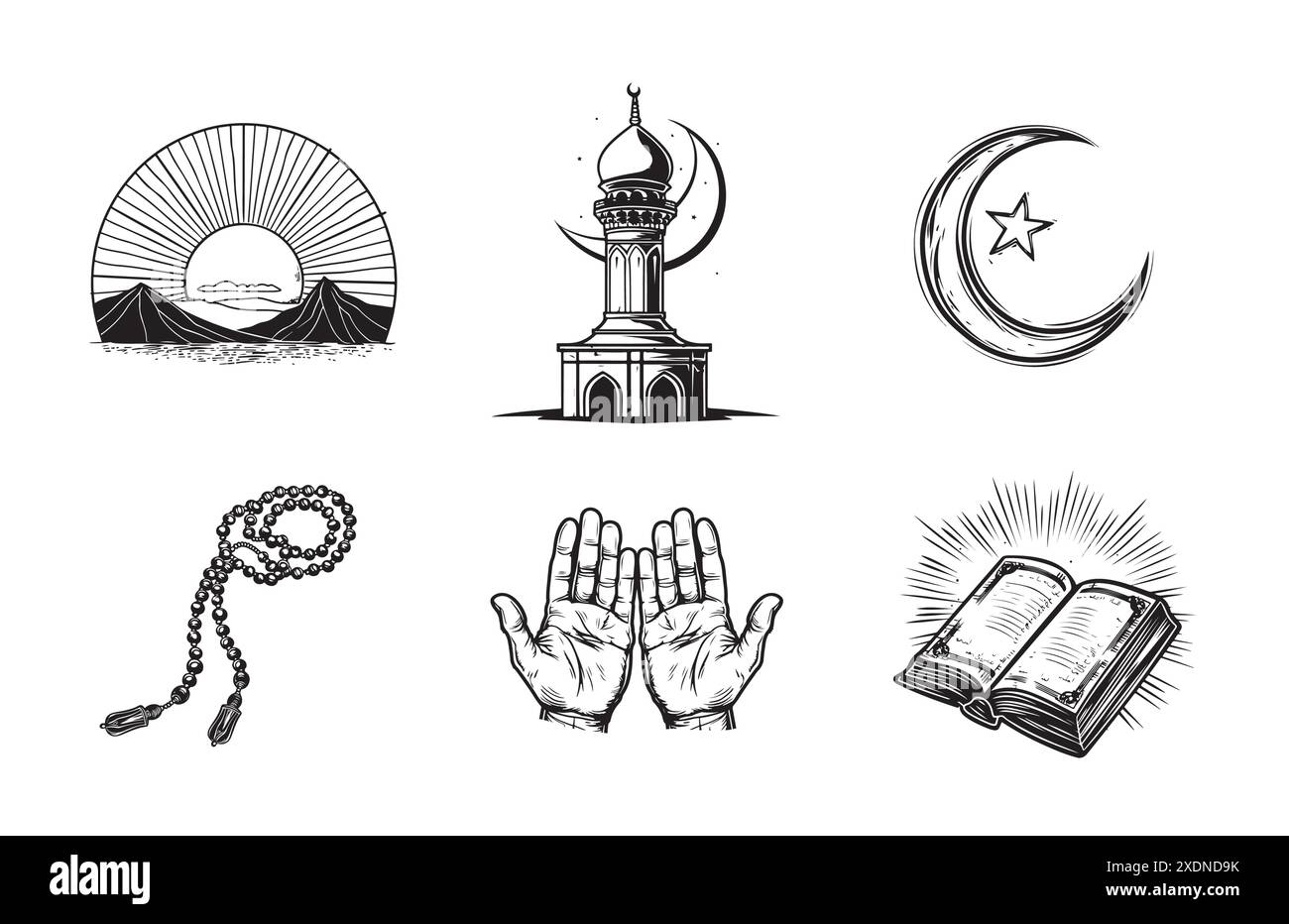 Islam concept. Religious tradition. Muslim culture set of sketches in ...
