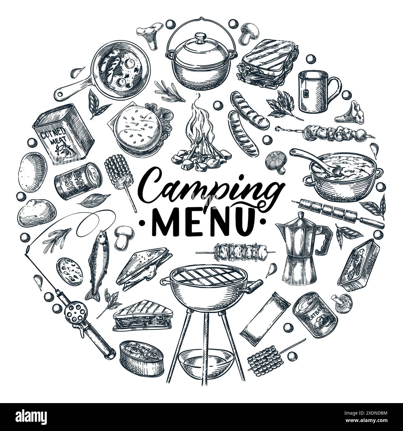 Camping picnic menu and outdoor cooking concept. Vector hand drawn ...