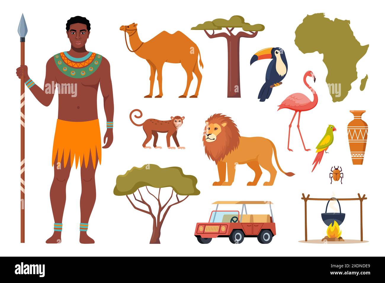 African ethnic style icons. African map, trees, people, animals birds ...