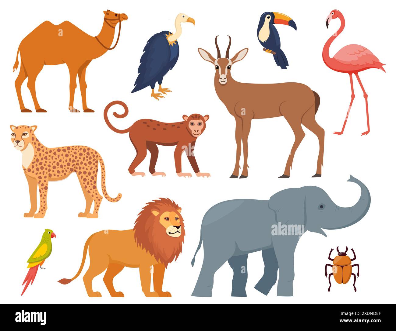 African animals and birds, set of characters. Elephant, giraffe, camel ...