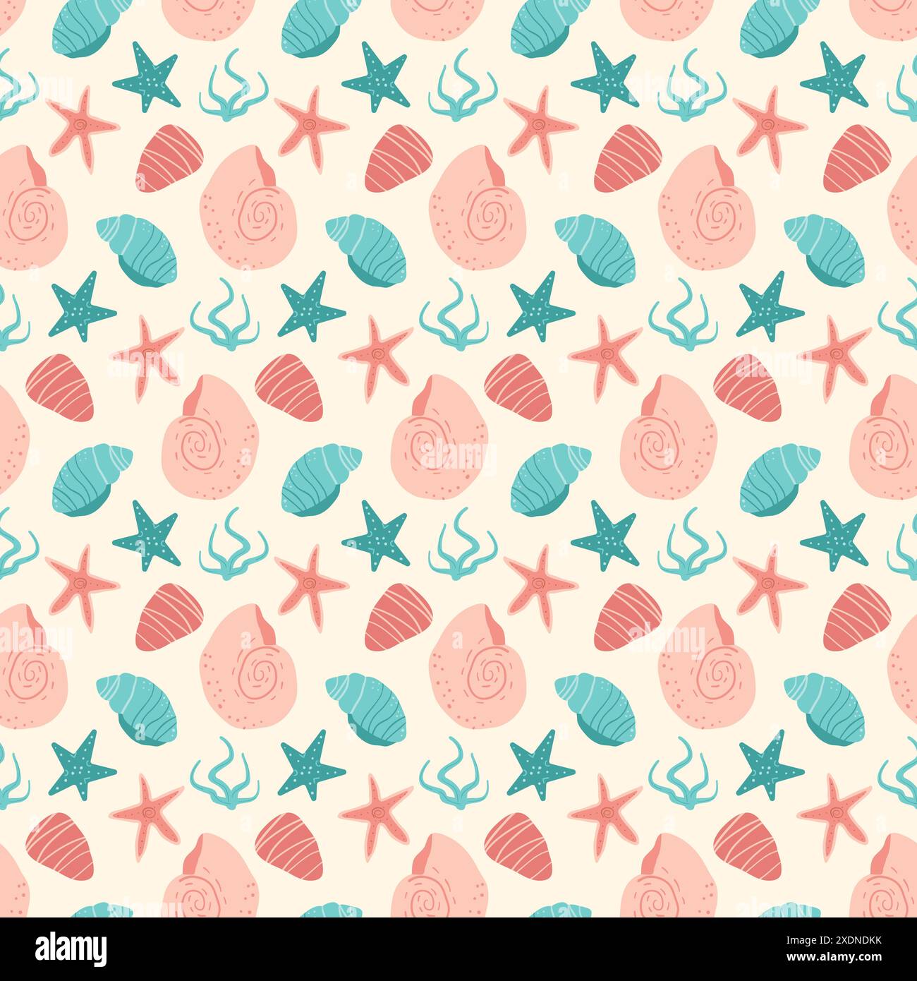 Shells and starfish seamless pattern. Barnacles and seaweed endless background. Seashell and ...