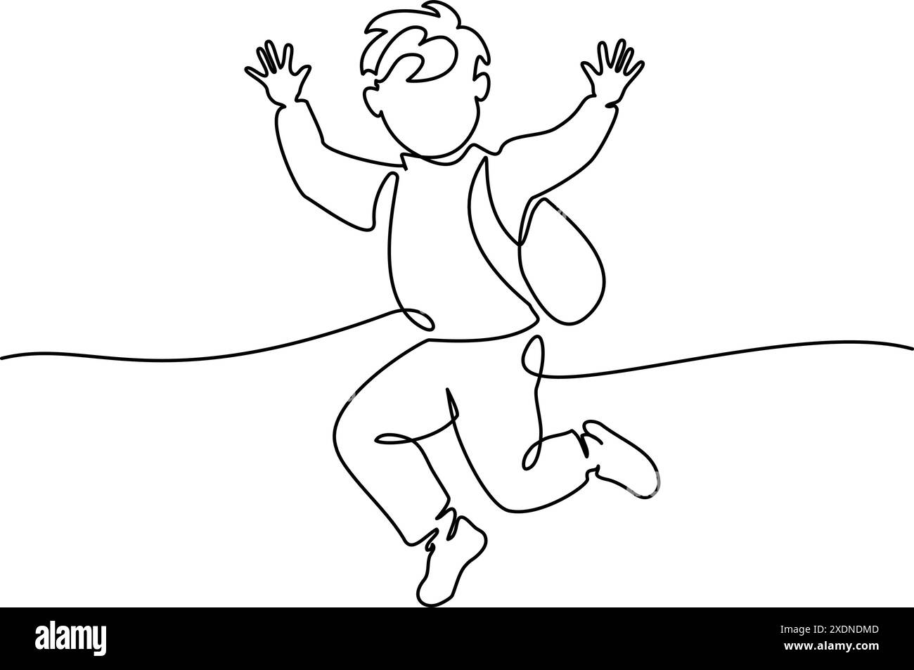 Happy boy pupil with backpack running and jumping. Continuous one line ...