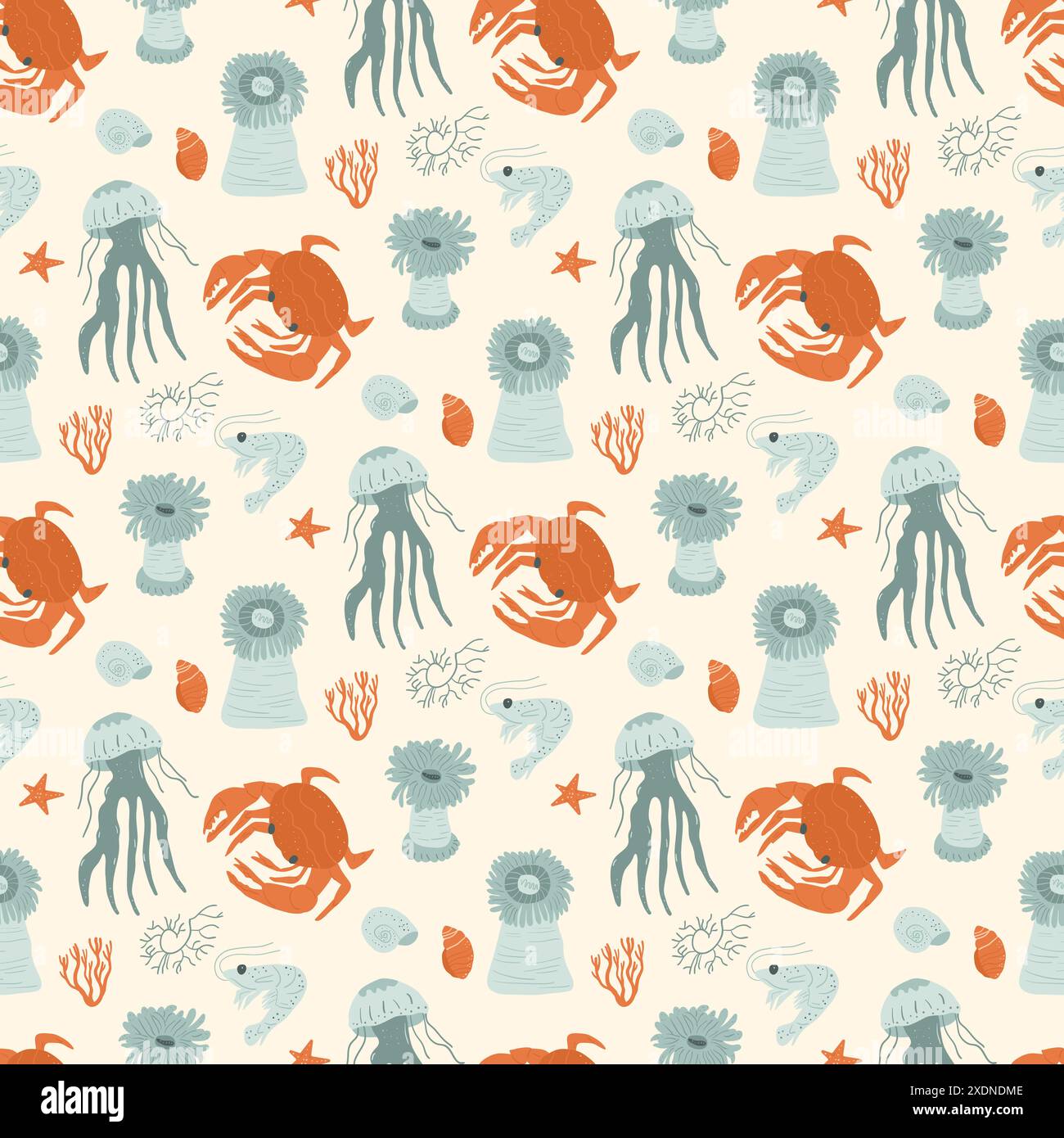Seamless pattern with stylized ocean creatures and flora, in soft ...