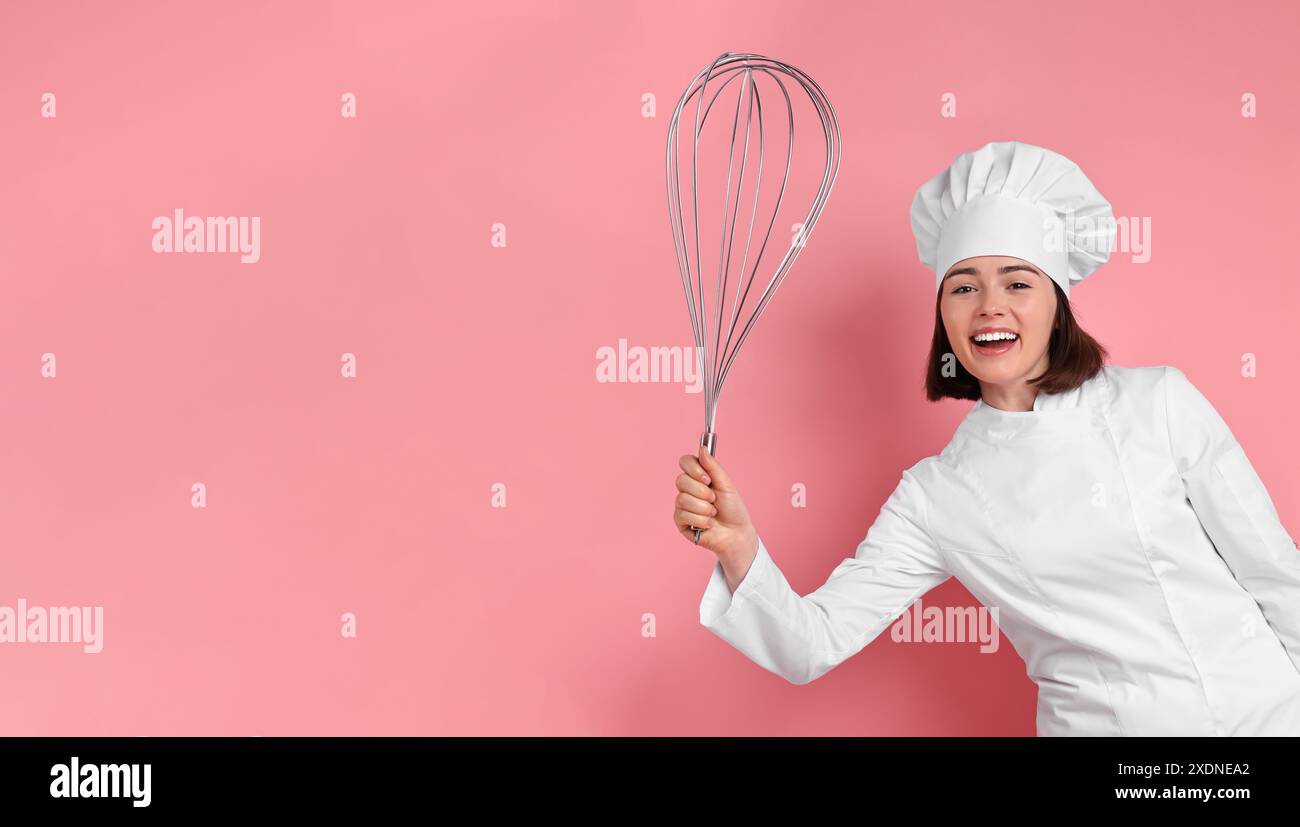 Happy pastry chef with big whisk on pink background. Banner design ...