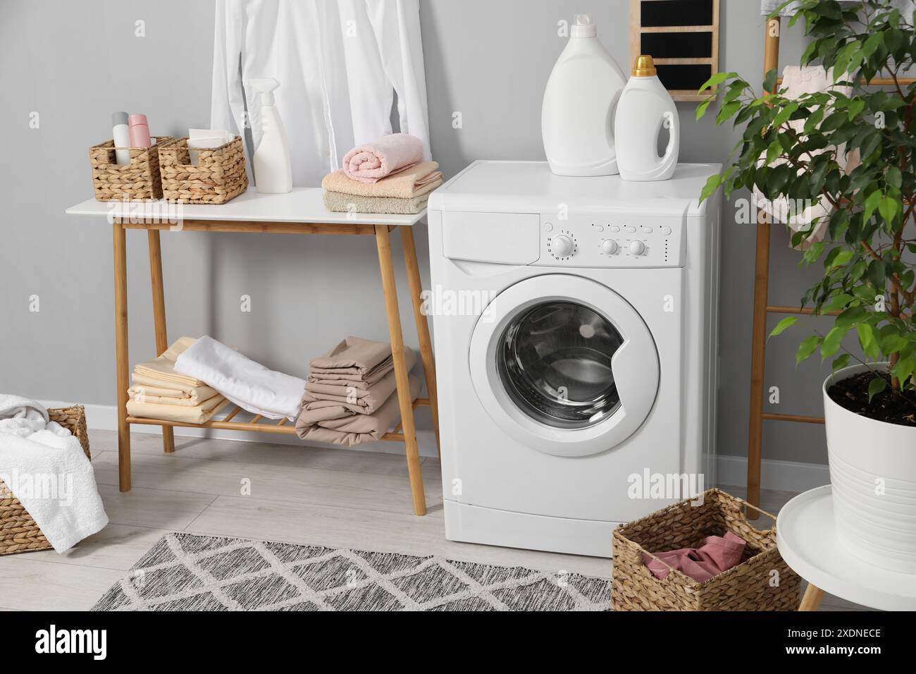 Washing machine, storage bench, detergents, laundry and houseplant ...