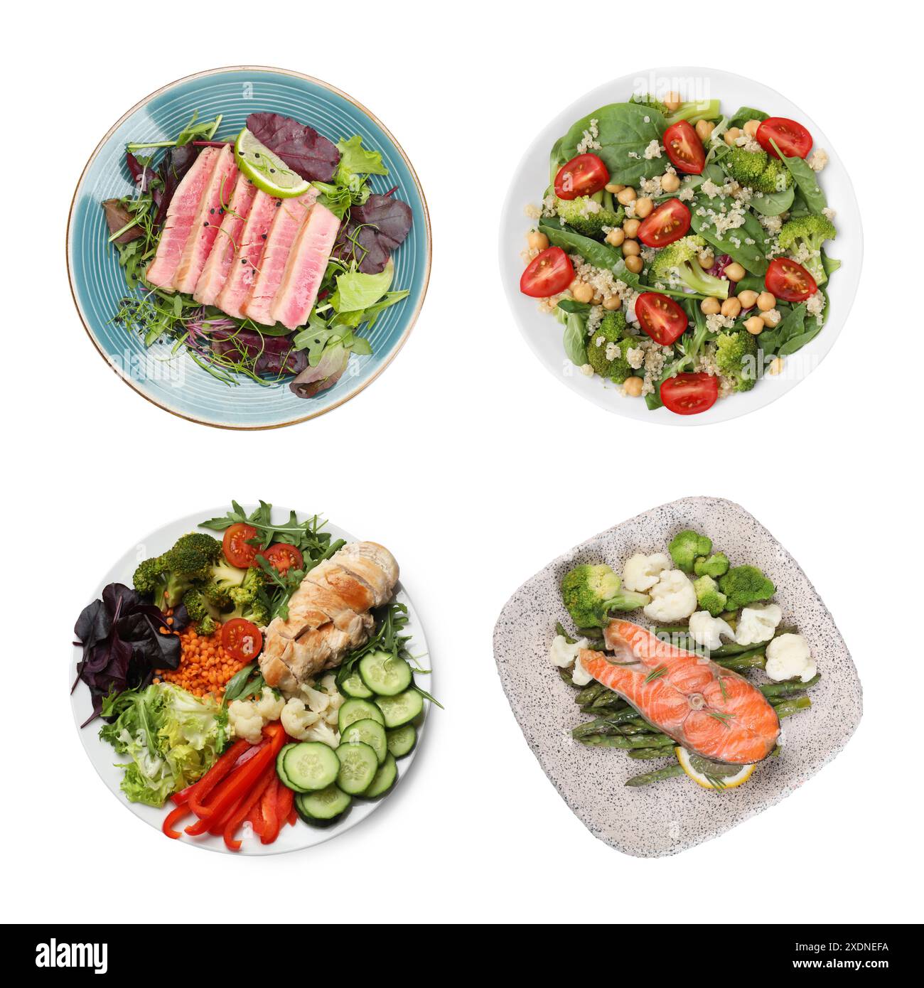 Set of different healthy meals on white background, top view Stock ...