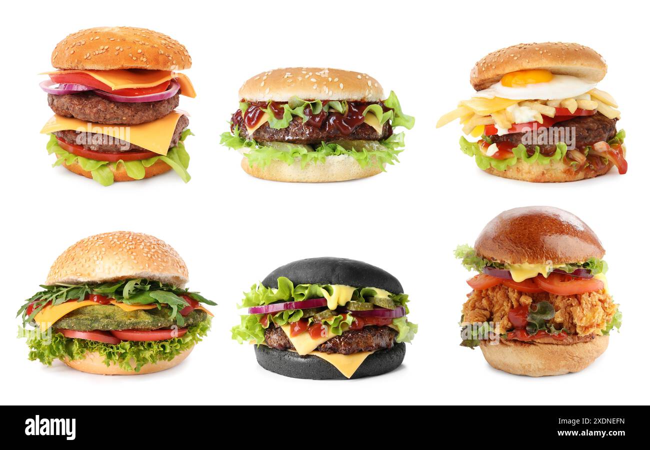 Different delicious burgers isolated on white, set Stock Photo - Alamy