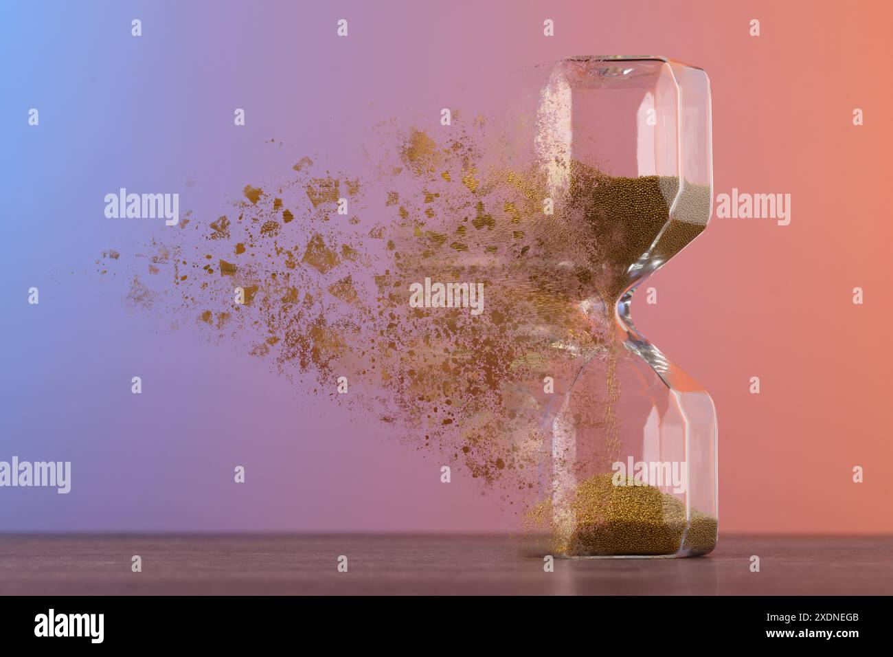 Hourglass dissolving on table against color background. Fleeting time ... Hourglass dissolving on table against color background. Fleeting time ...