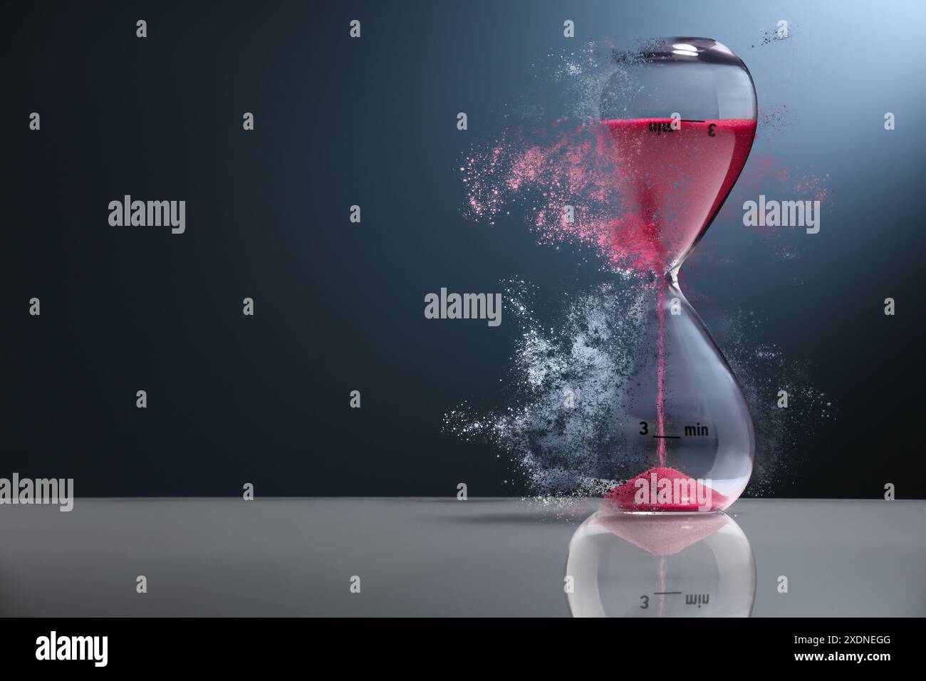 Hourglass dissolving on table against dark background. Fleeting time ... Hourglass dissolving on table against dark background. Fleeting time ...