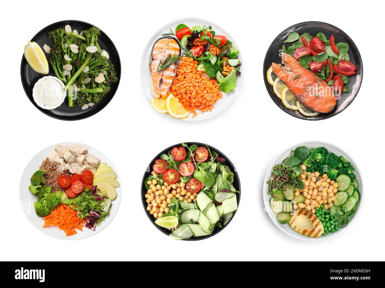 Set of different healthy meals on white background, top view Stock ...