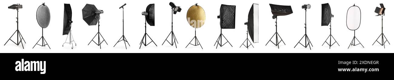 Set of different professional photo studio equipment isolated on white ...