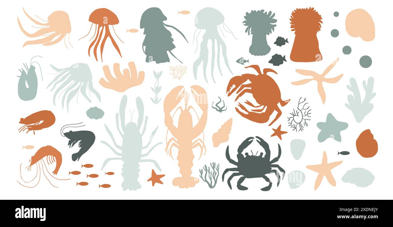 Underwater silhouettes life isolated on white background. Collection of ...