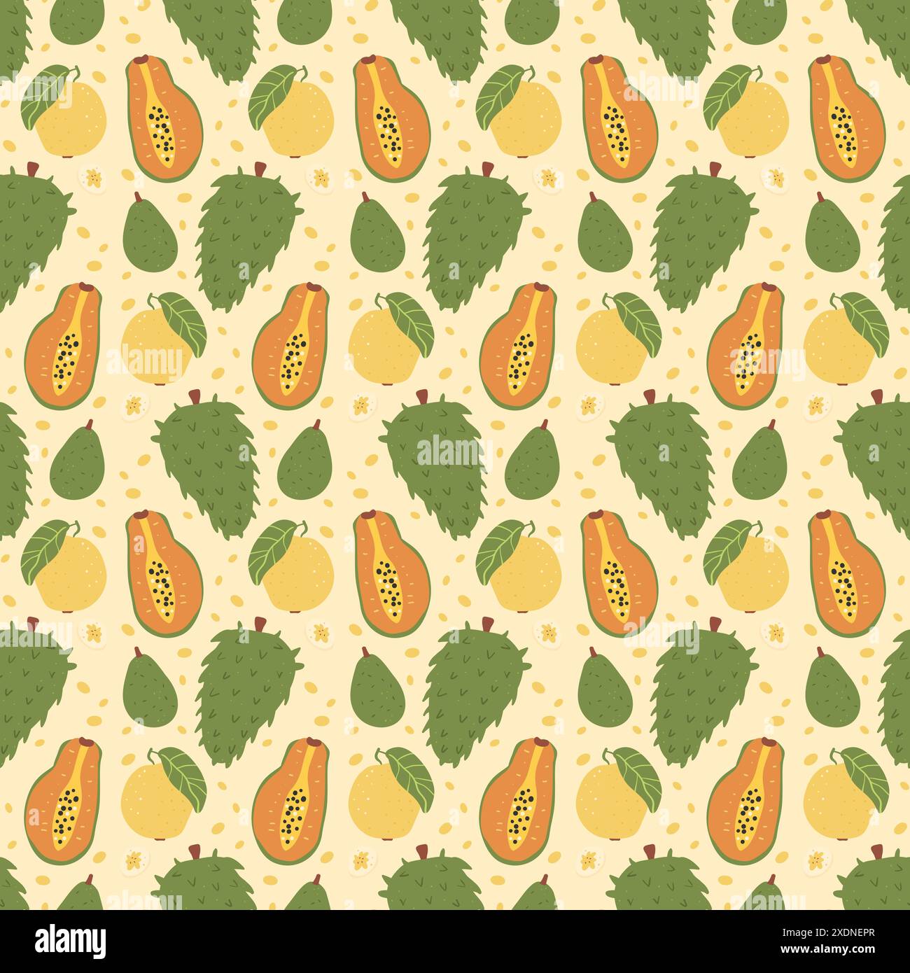Tropical fruits seamless pattern. Half and whole ripe sweet guanabana, papaya, mango, guava food ...