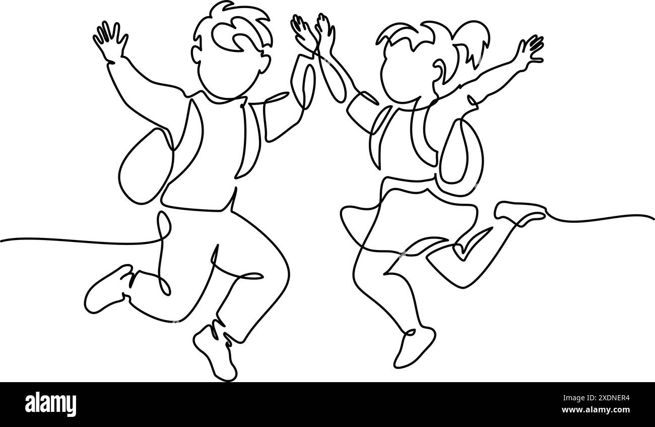 Happy boy and girl pupils with backpacks jumping. Continuous one line ...