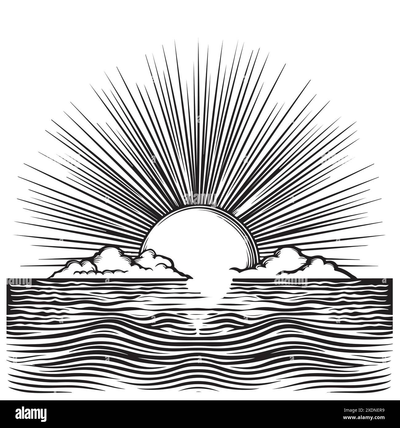 Sunrise or sunset icon. Hand drawn sketch. Sun reflected in water. Ocean of sea horizon. Sun ...