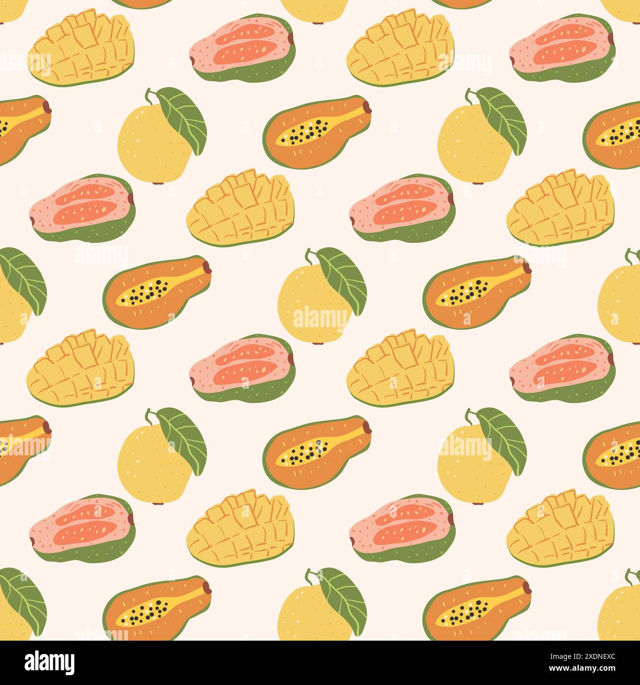 Fruits half and slices seamless pattern. Mango, guava, papaya exotic food endless background ...