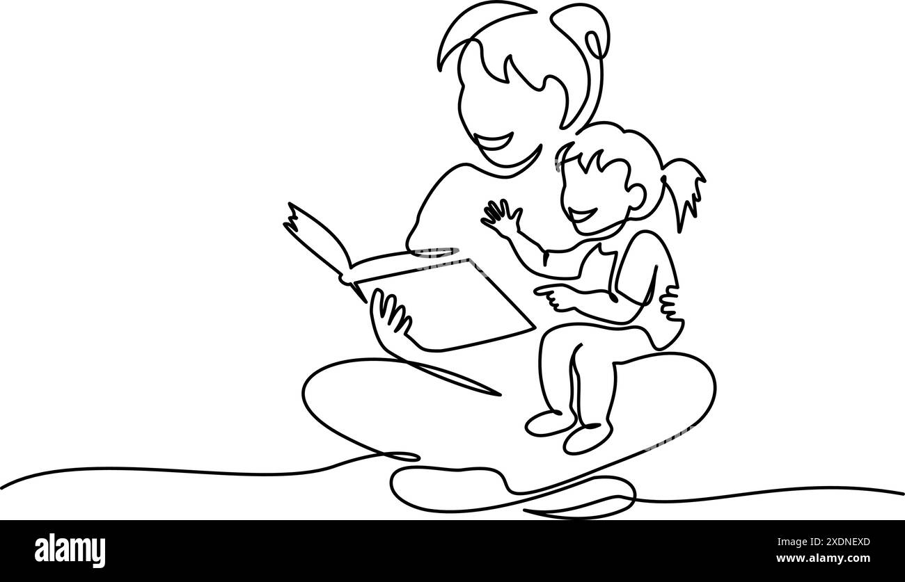 Mother reading book to child daughter. Continuous one line drawing art ...