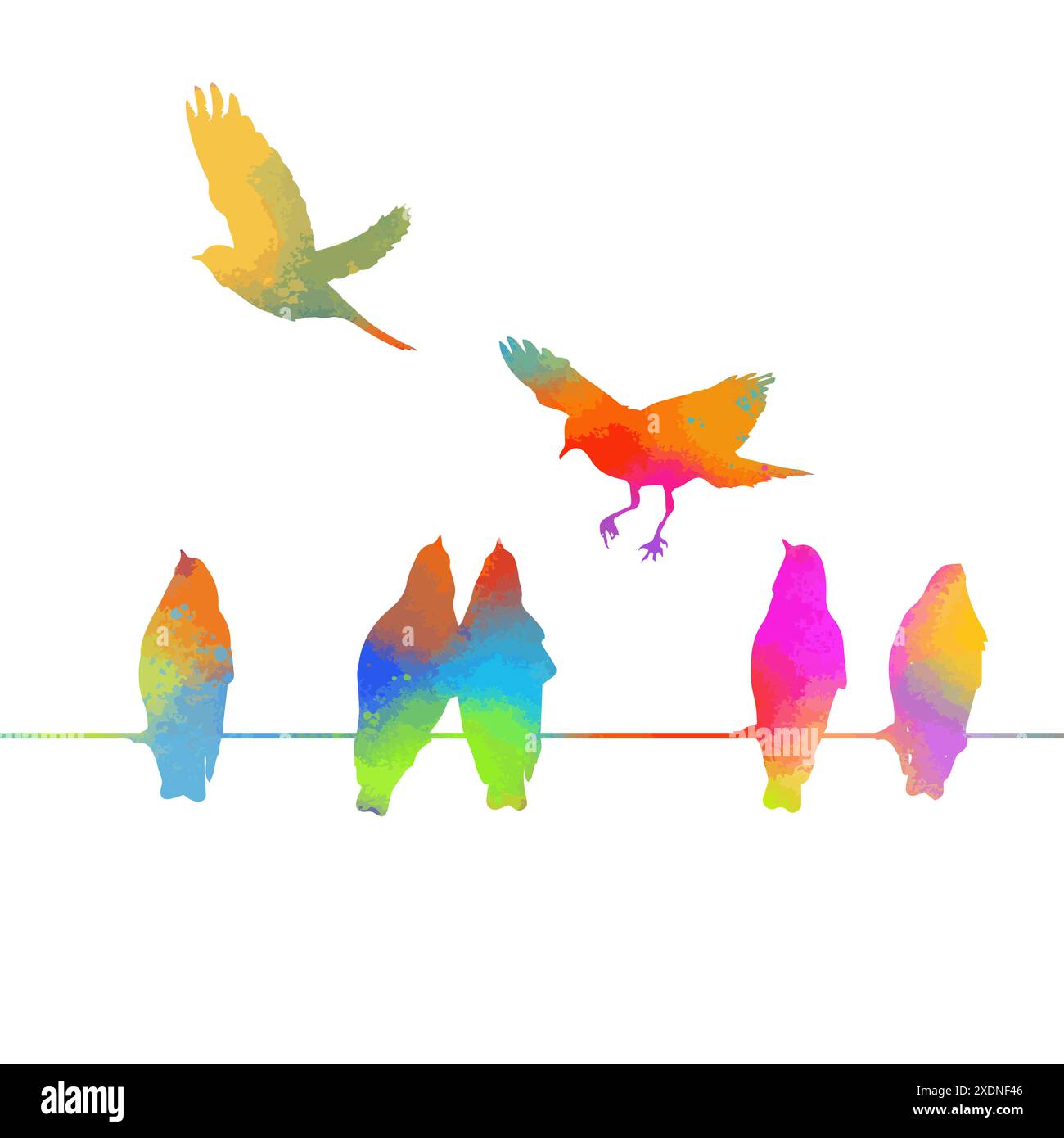 Colorful birds on wires. hand drawing. Not AI, Vector illustration ...