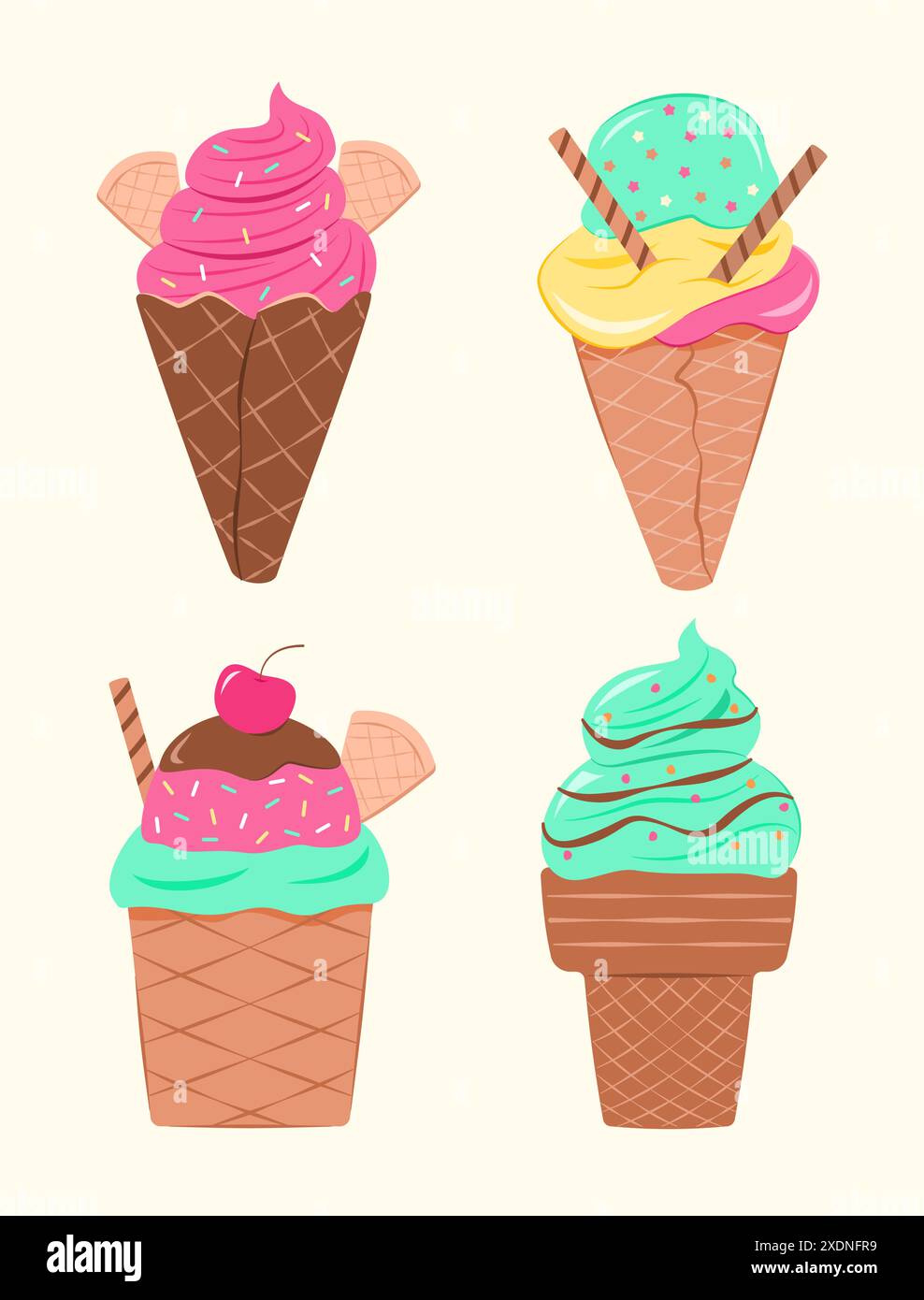 Set of Colorful Ice Creams with Waffle Cone for Sweet and Dessert ...