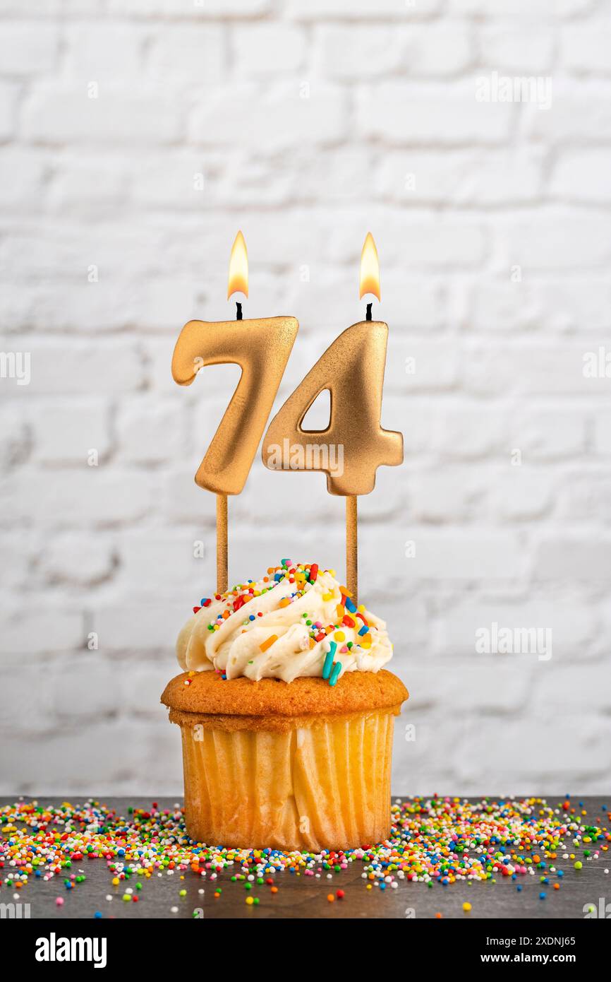 Cupcake with number 74 birthday candle - White block wall background ...
