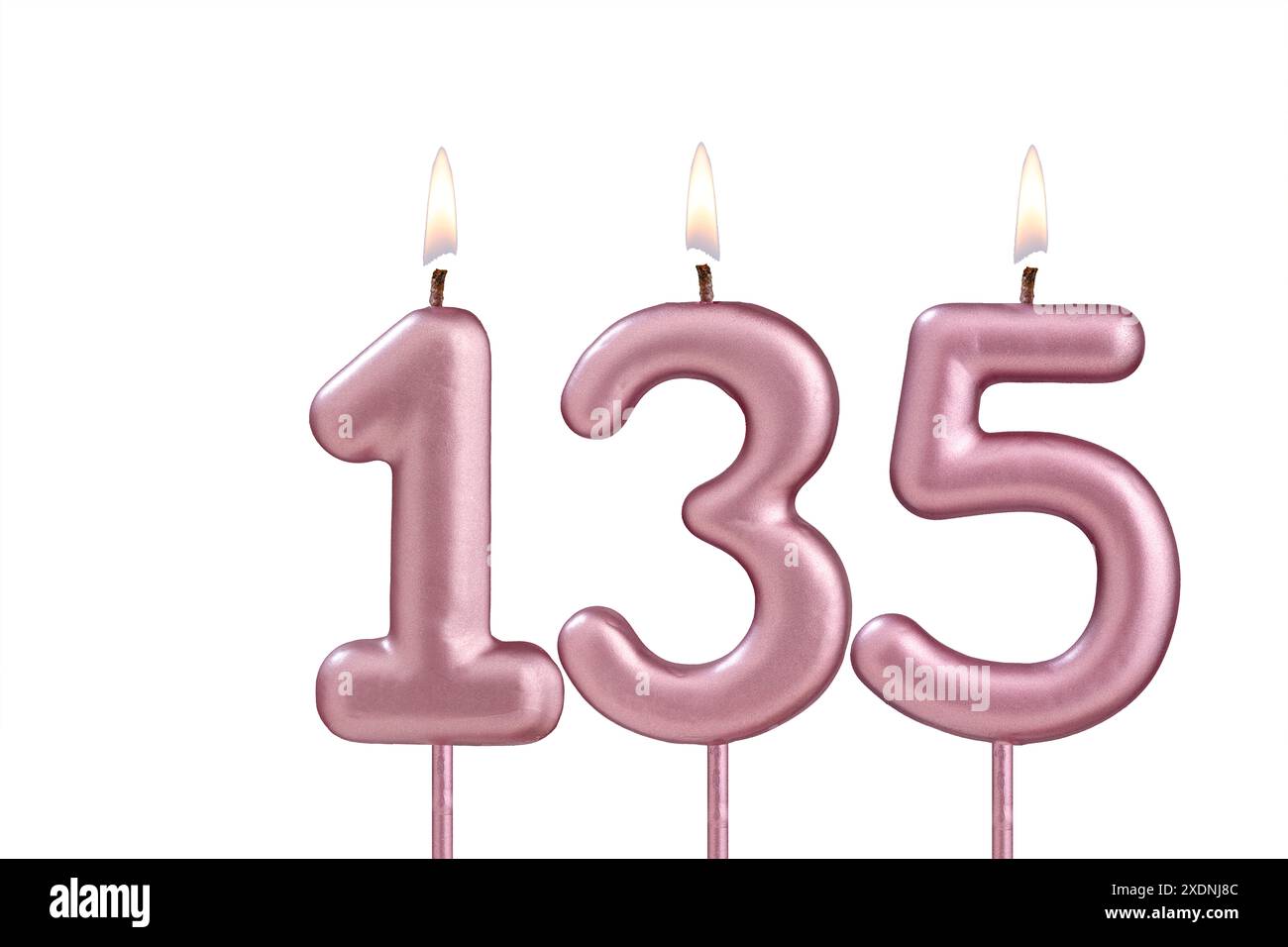 Candle number 135 - Lit birthday candle on white background Stock Photo ...