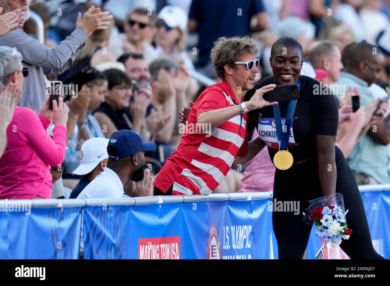 Annette Echikunwoke celebrates after winning the women's hammer throw ...