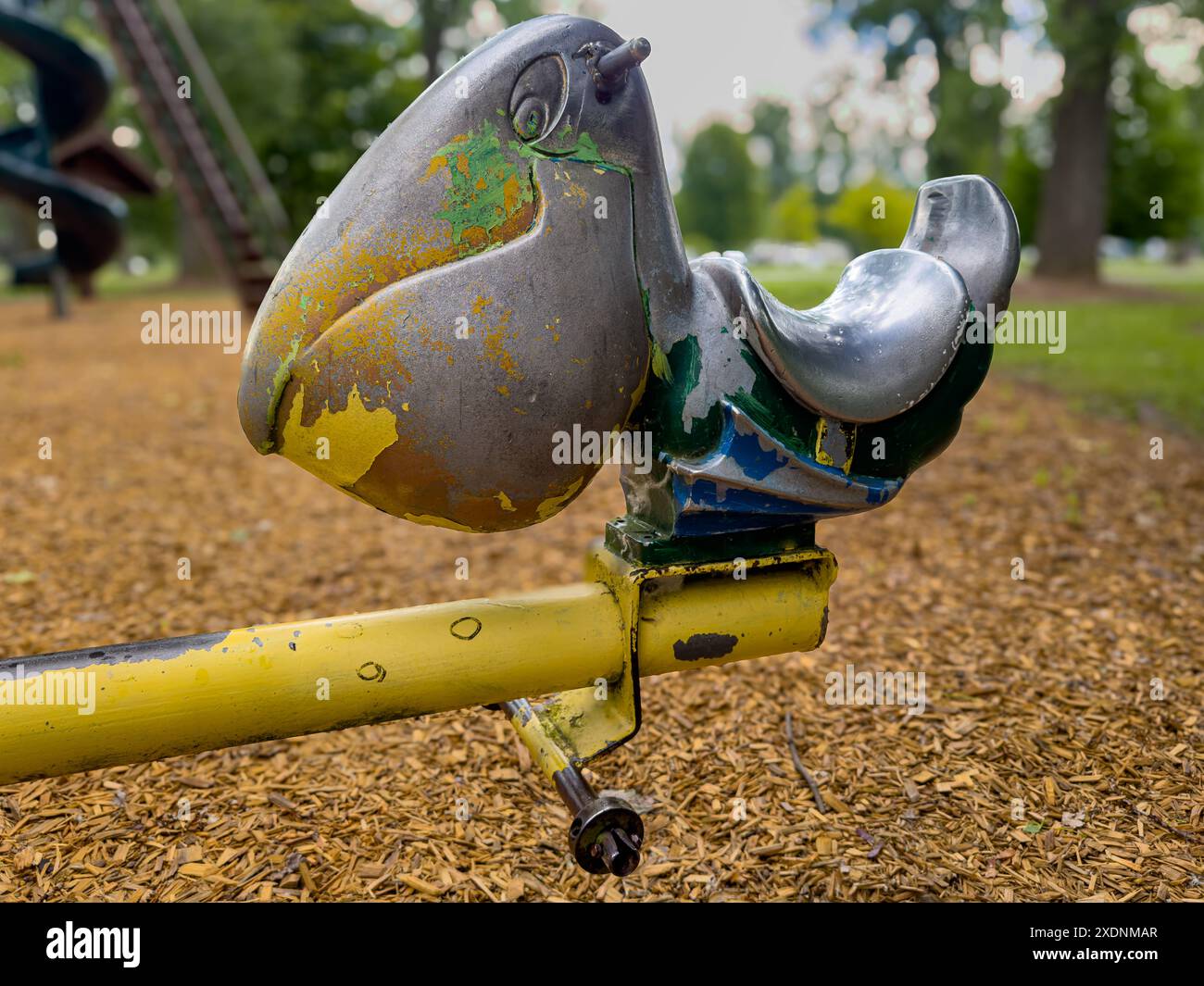 Old, retro, used weathered metal park playground spring rocker, rocking ...