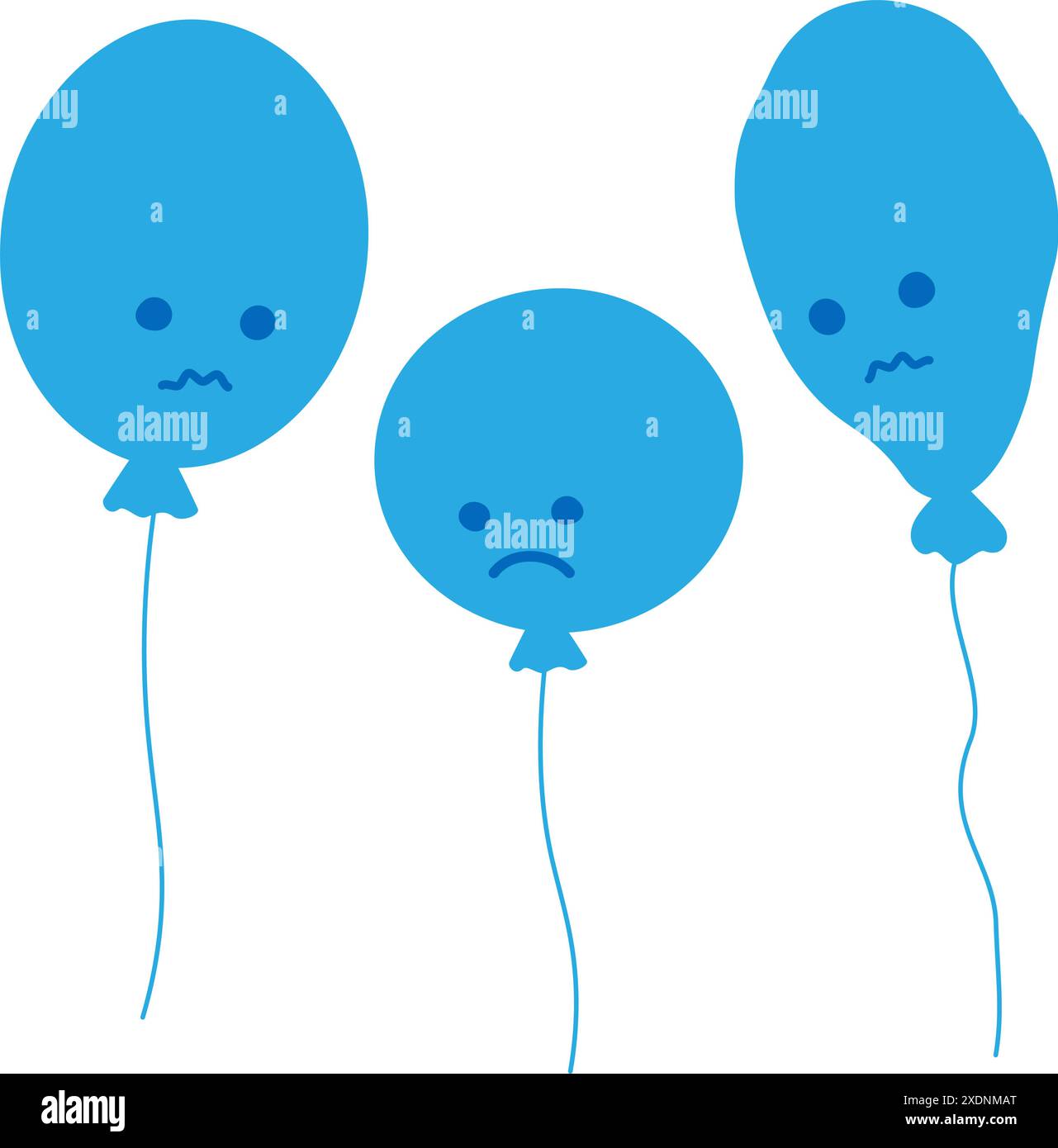 Circle, oval and deflated balloons with sad smiley face in minimalistic ...