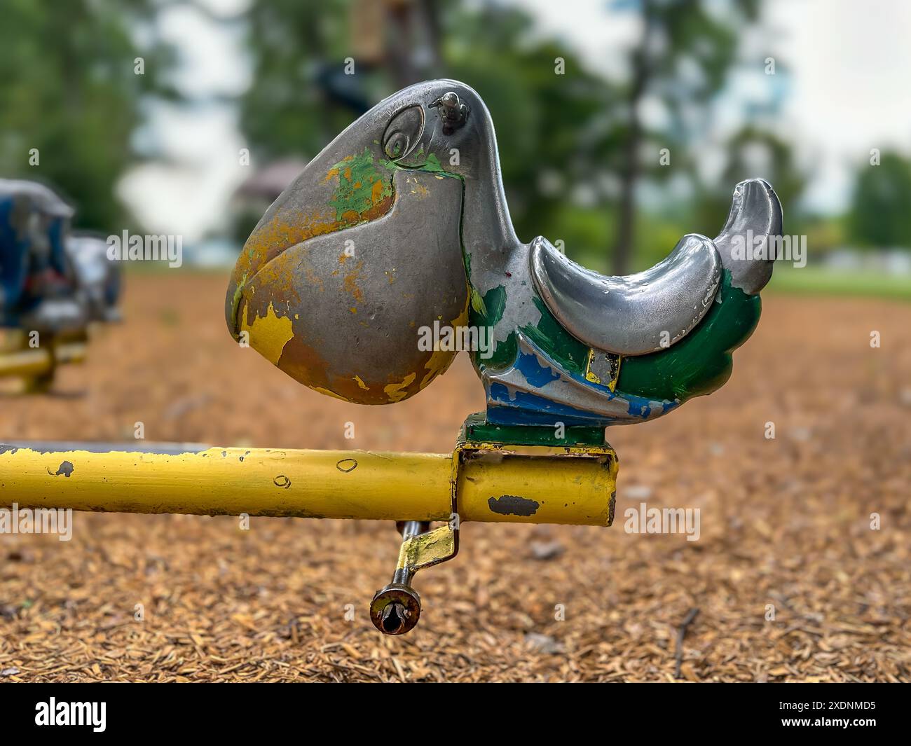 Old, retro, used weathered metal park playground spring rocker, rocking ...