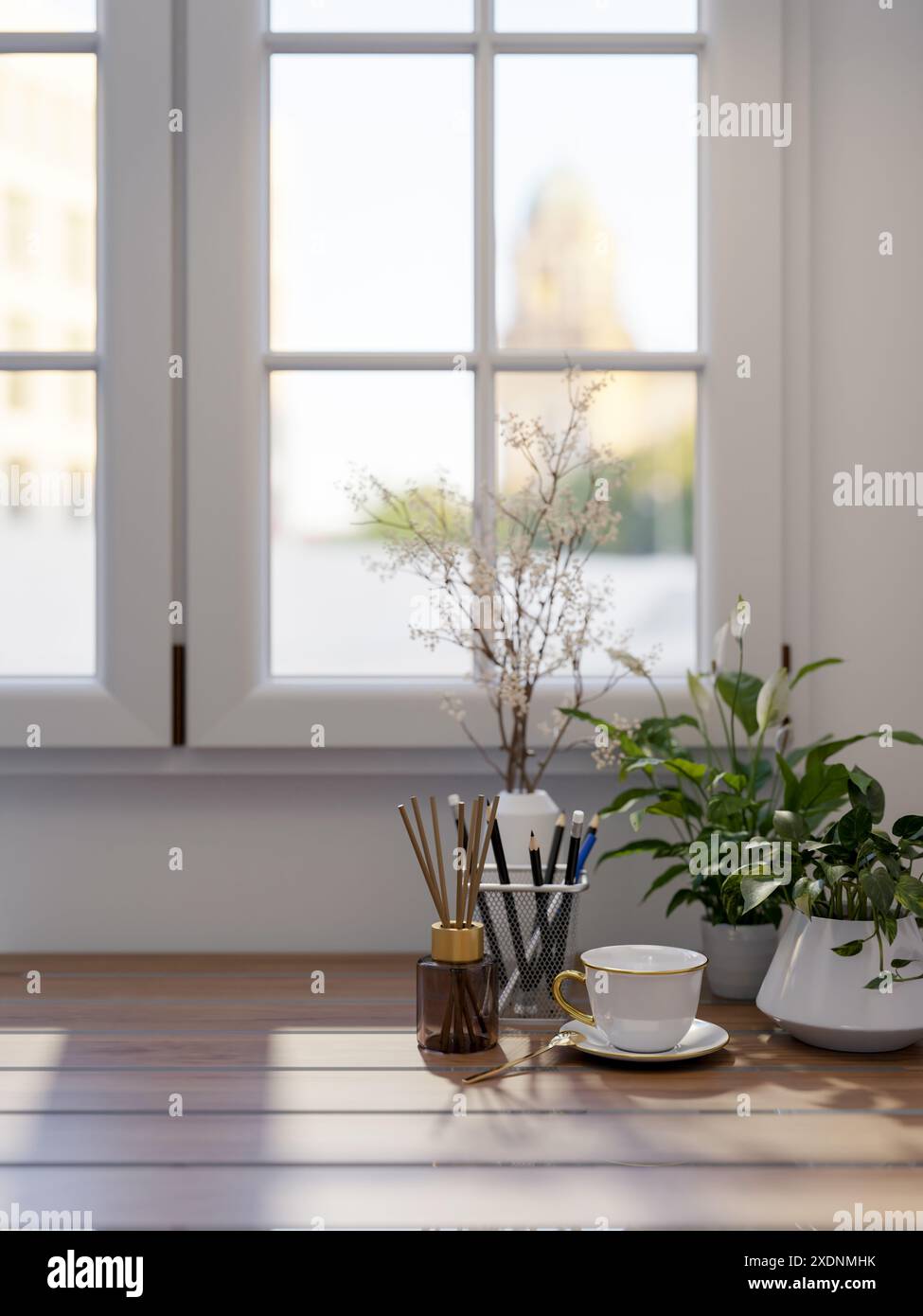 A close-up image of a wooden table by the window in a room features a ...